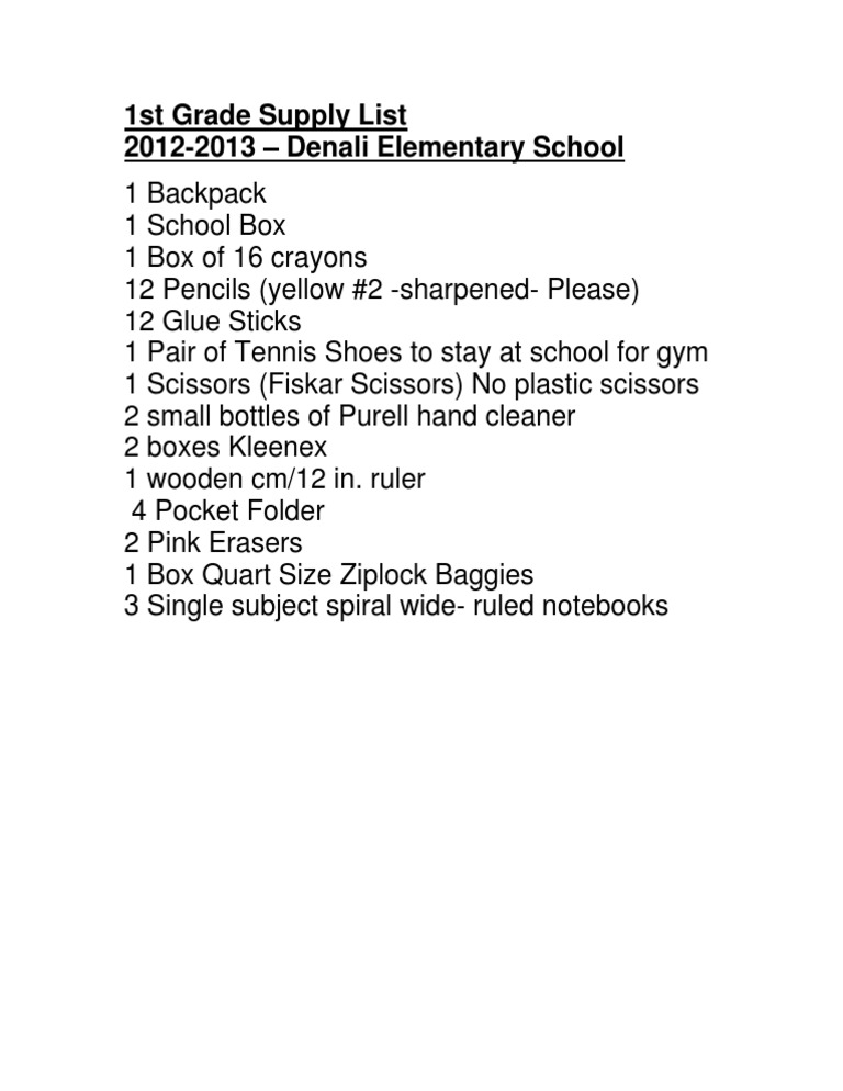 1st Grade Supply List 2012-2013 | PDF | Home & Garden