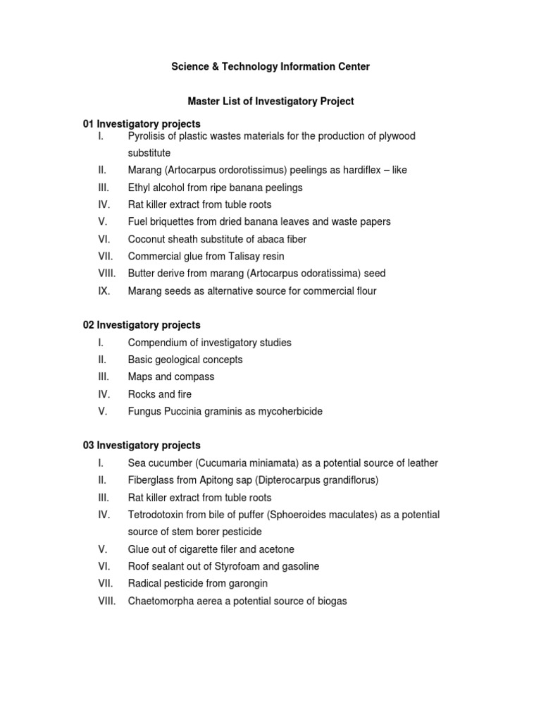 Master List of Investigatory Projects | PDF | Coconut | Banana