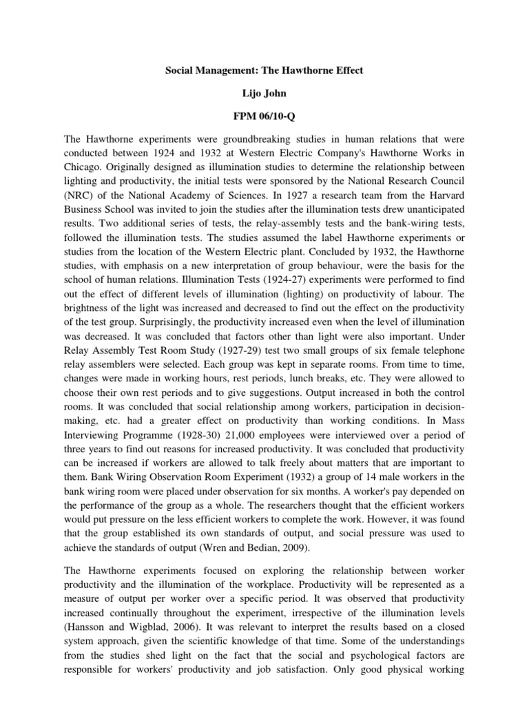 Hawthorne Studies: Impact on Productivity | PDF | Experiment | Employment