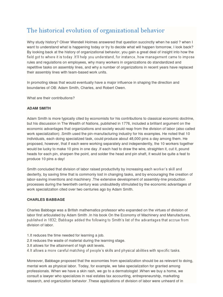 The Historical Evolution of Organizational Behavior - Saravanan | PDF | Division Of Labour ...
