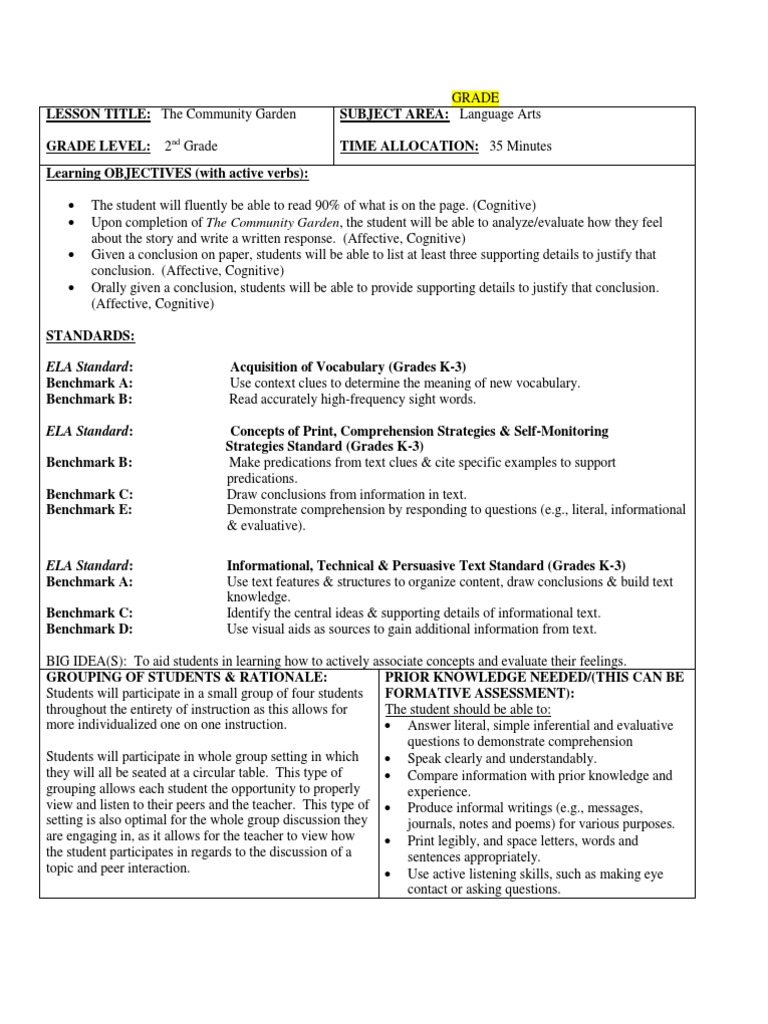 2nd Grade Lesson: The Community Garden | PDF | Reading Comprehension ...