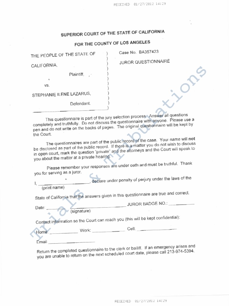 Stephanie Lazarus Jury Questionnaire | PDF