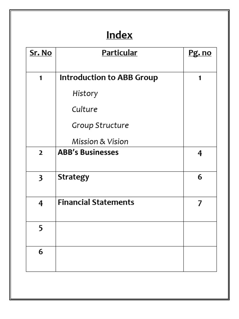 Index: Sr. No Particular Pg. No 1 Introduction To ABB Group History 1 | PDF