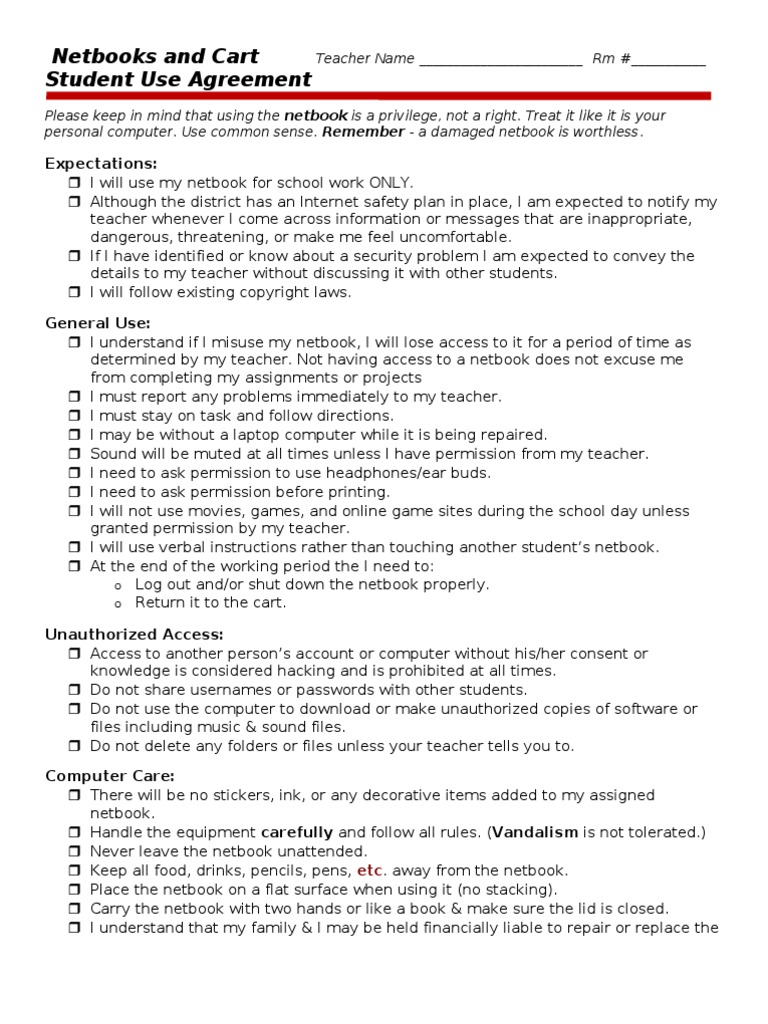 Netbooks and Cart Student Use Agreement: Expectations | PDF | Laptop ...