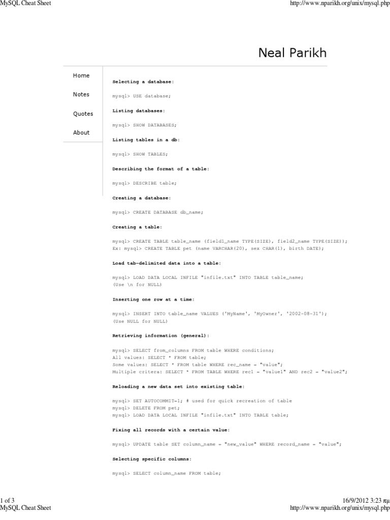 Mysql Cheat Sheet