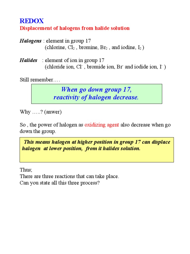 6 Displacement of Halogen From Its Halide Solution | PDF | Chlorine ...