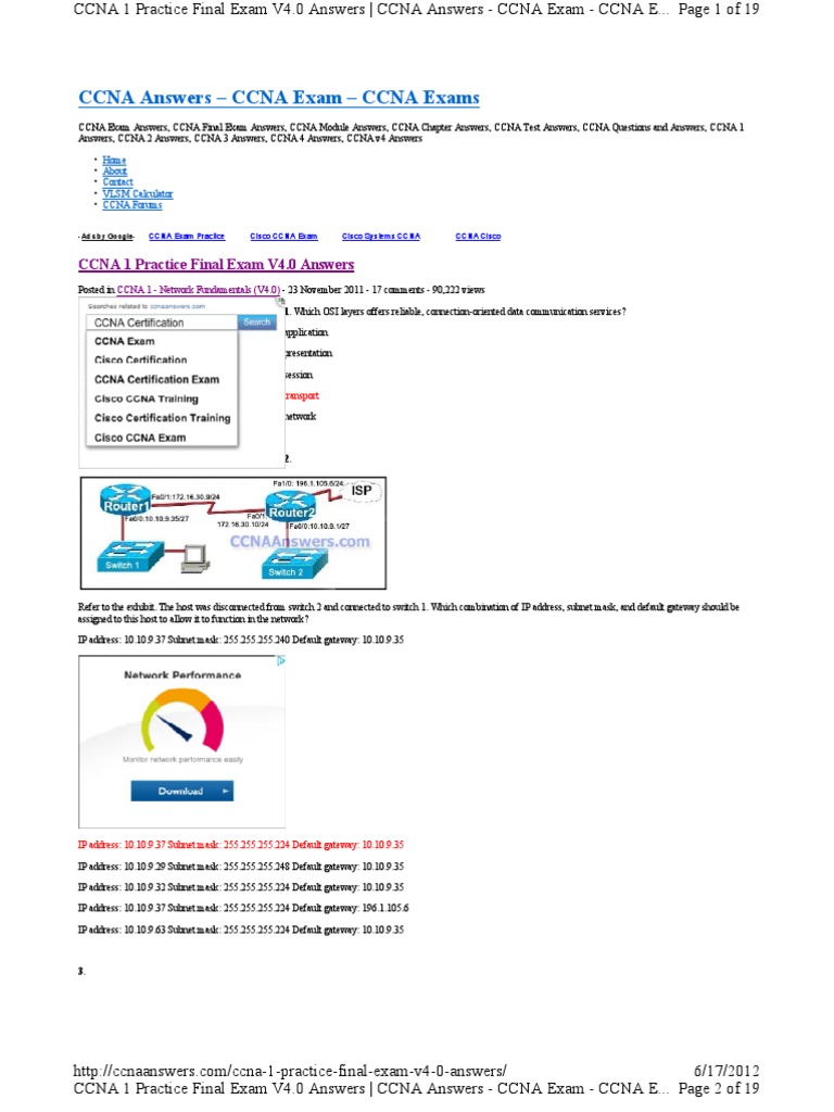 CCNA 1 Final Exam Answers | PDF | Router (Computing) | Computer Network