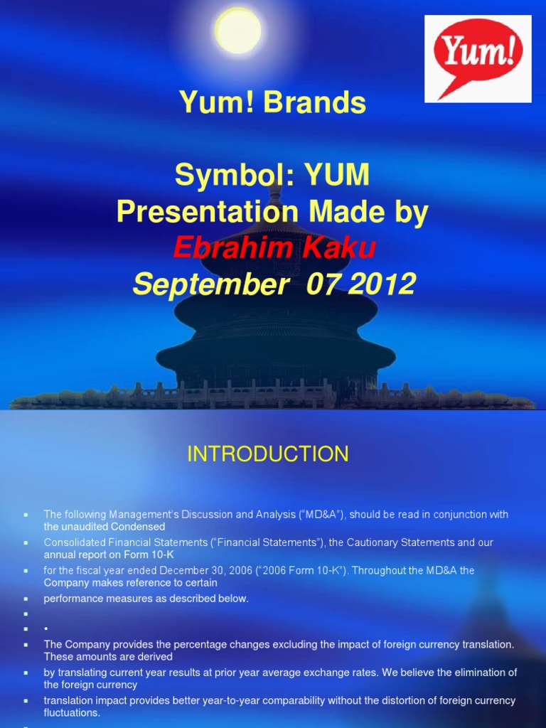 Yum! Brands Symbol: YUM Presentation Made By: Ebrahim Kaku | PDF | Fast ...