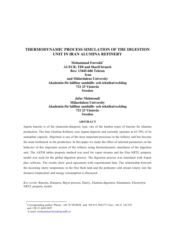 Thermodynamic Process Simulation of The Digestion Unit in Iran Alumina ...