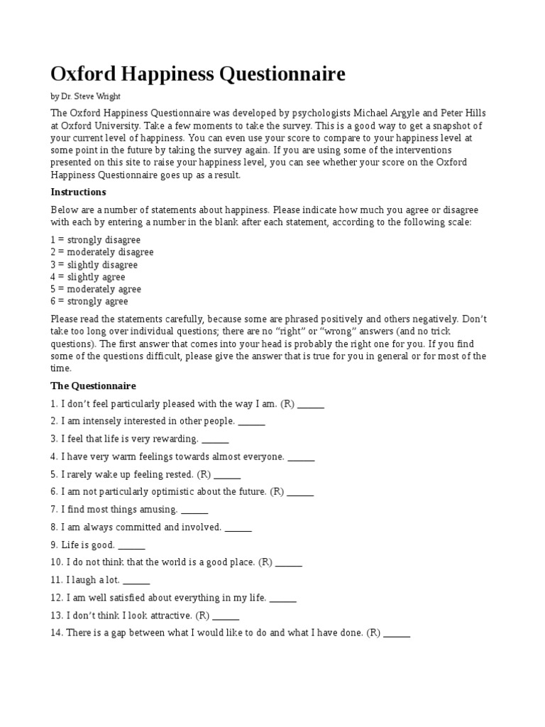 Oxford Questionaire on Happiness | Happiness & Self-Help | Questionnaire