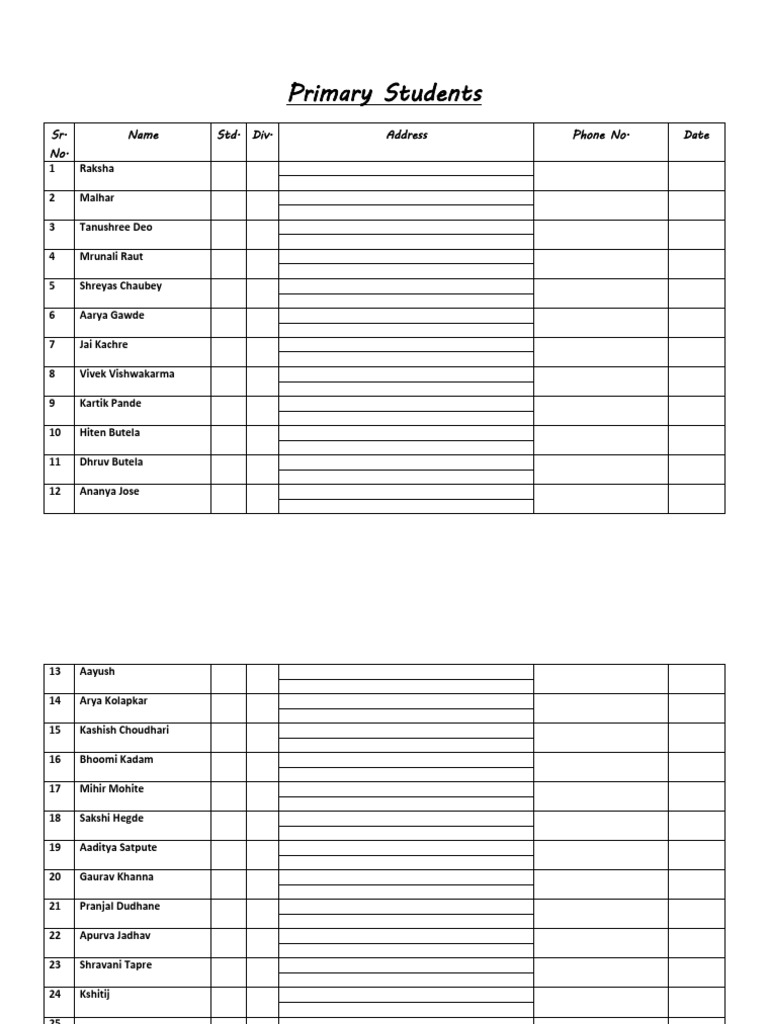 Primary Students: Sr. No. Name Std. Div. Address Phone No. Date | PDF