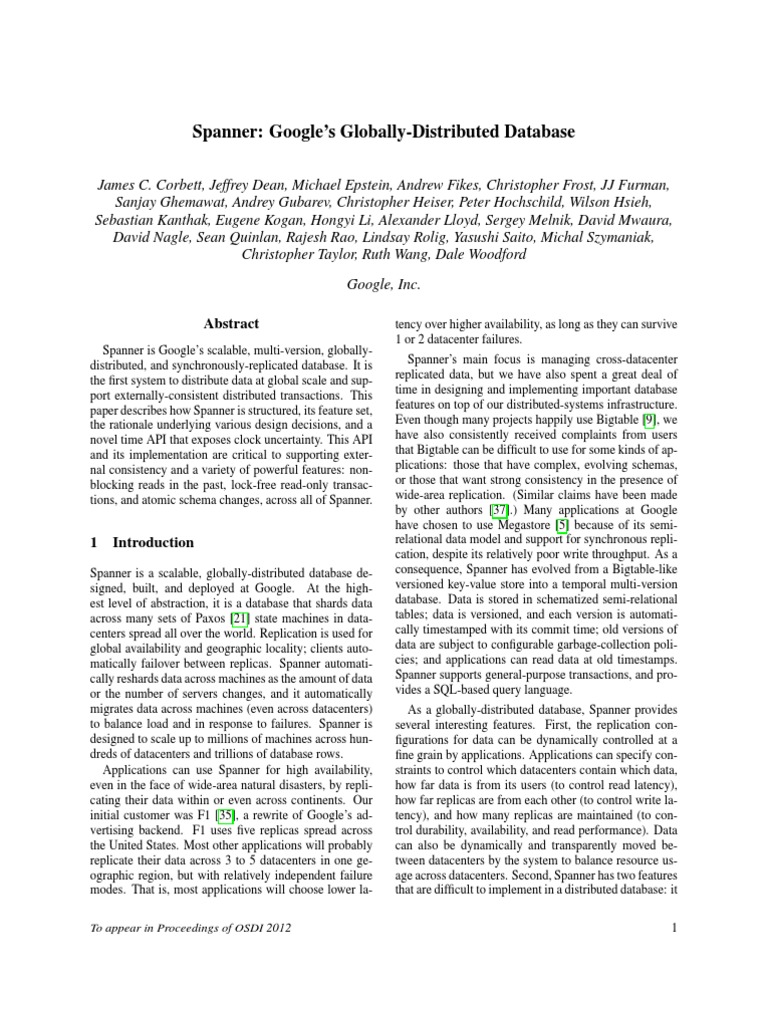 Spanner Google's Globally-Distributed Database | PDF | Databases ...