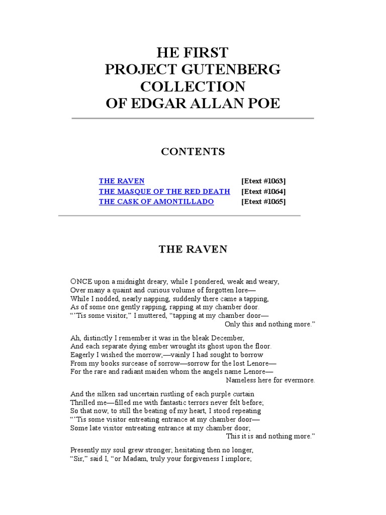 He First Project Gutenberg Collection of Edgar Allan Poe: The Raven The ...