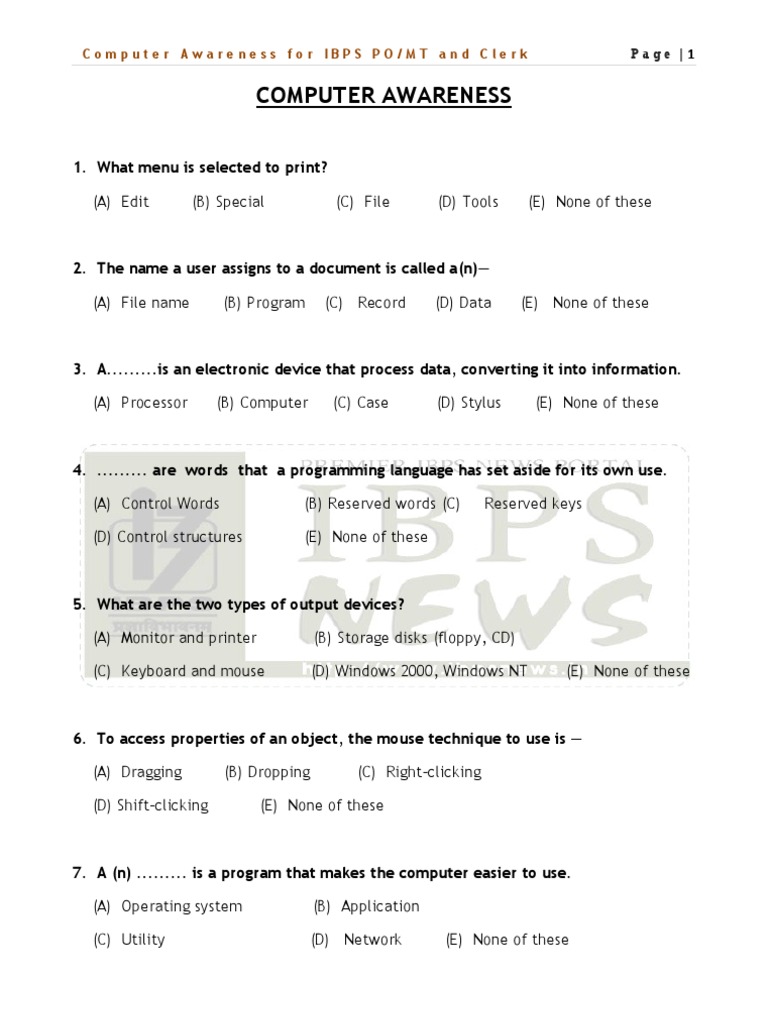Computer Awareness: Computer Awareness For IBPS PO/MT and Clerk | PDF ...
