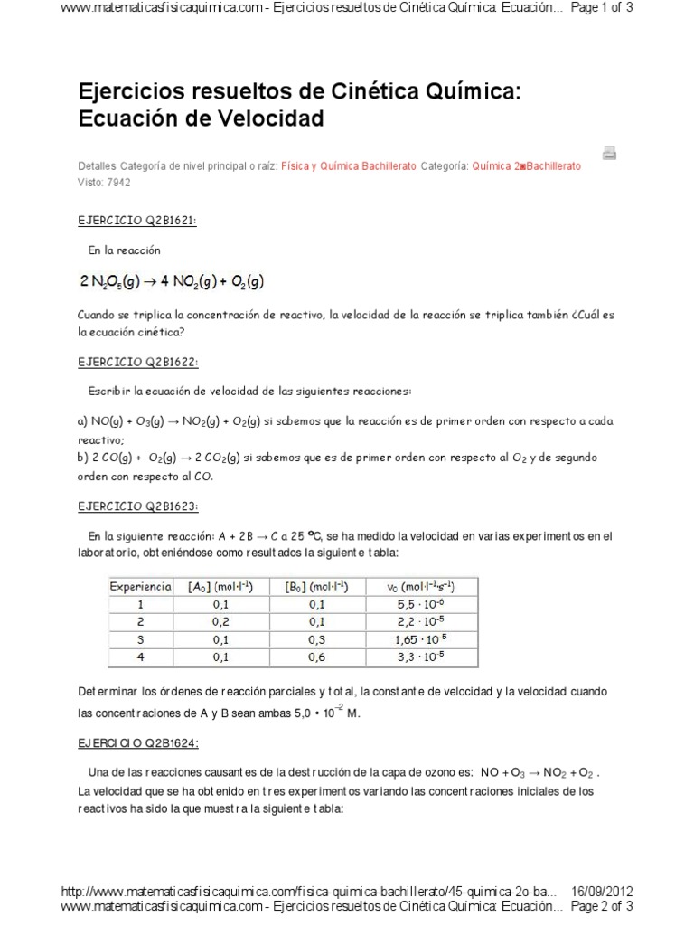 Enunciados Ejercicios Resueltos de Cinetica Quimica-Velocidad de Reaccion | PDF | Cinética ...