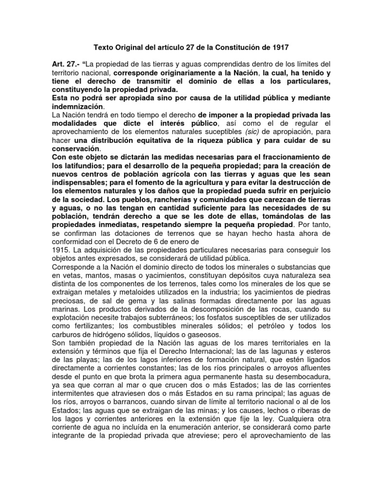 Texto Original del artículo 27 de la Constitución de 1917 | Propiedad ...