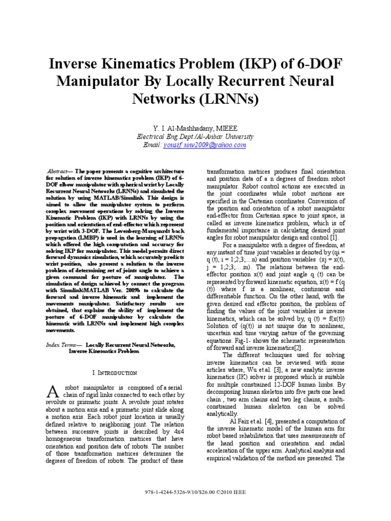 Inverse Kinematics Problem (Ikp) of 6-Dof Manipulator by Locally Recurrent Neural Networks ...