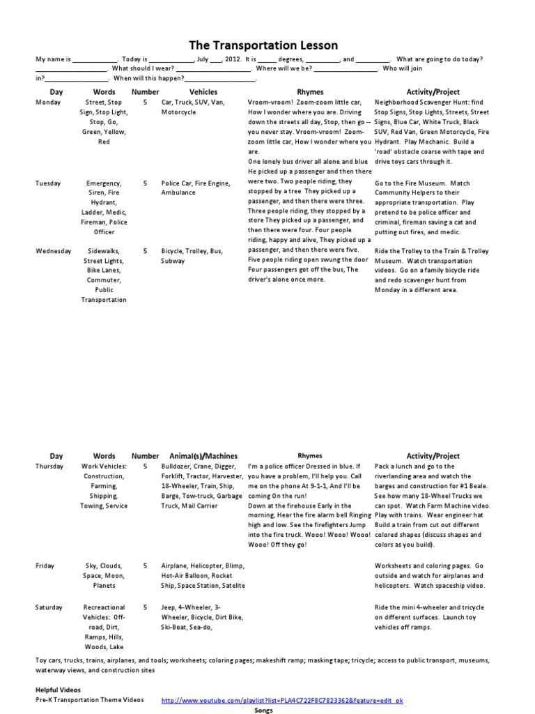 Pre-K Transportation Activities Guide | PDF | Vehicles | Truck