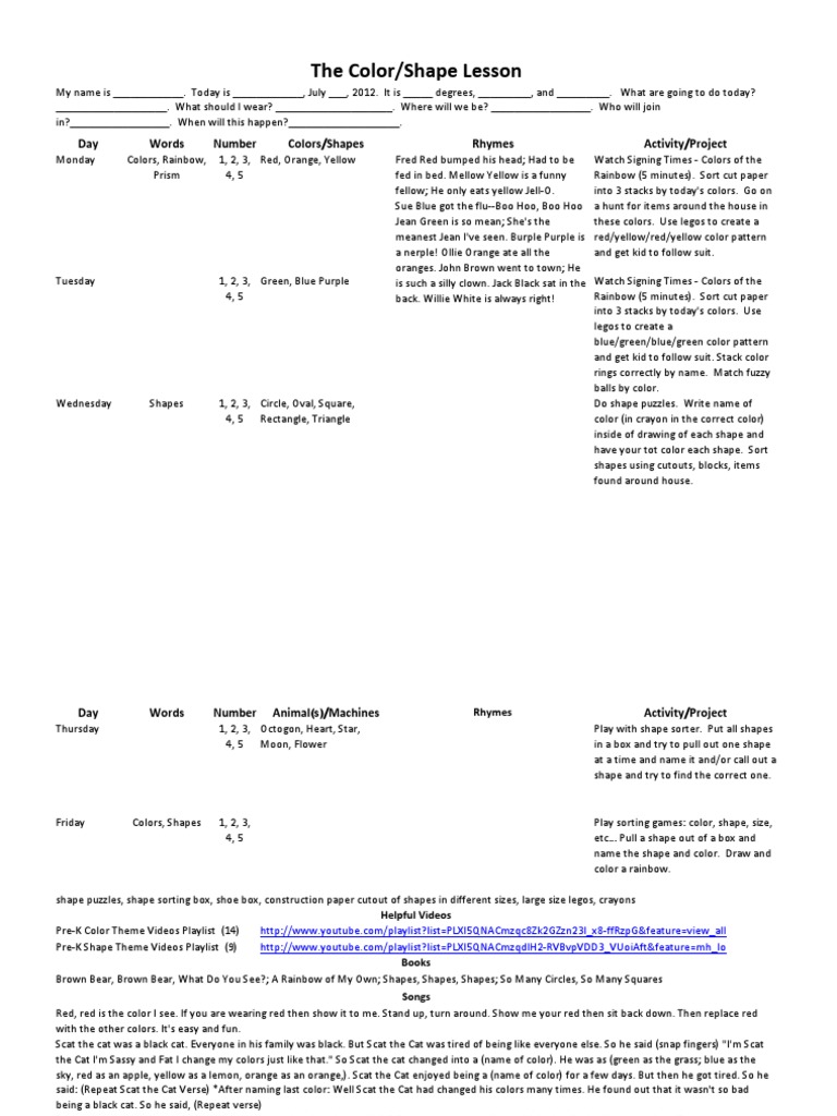 Preschool Color and Shape Activities | PDF | Yellow | Color