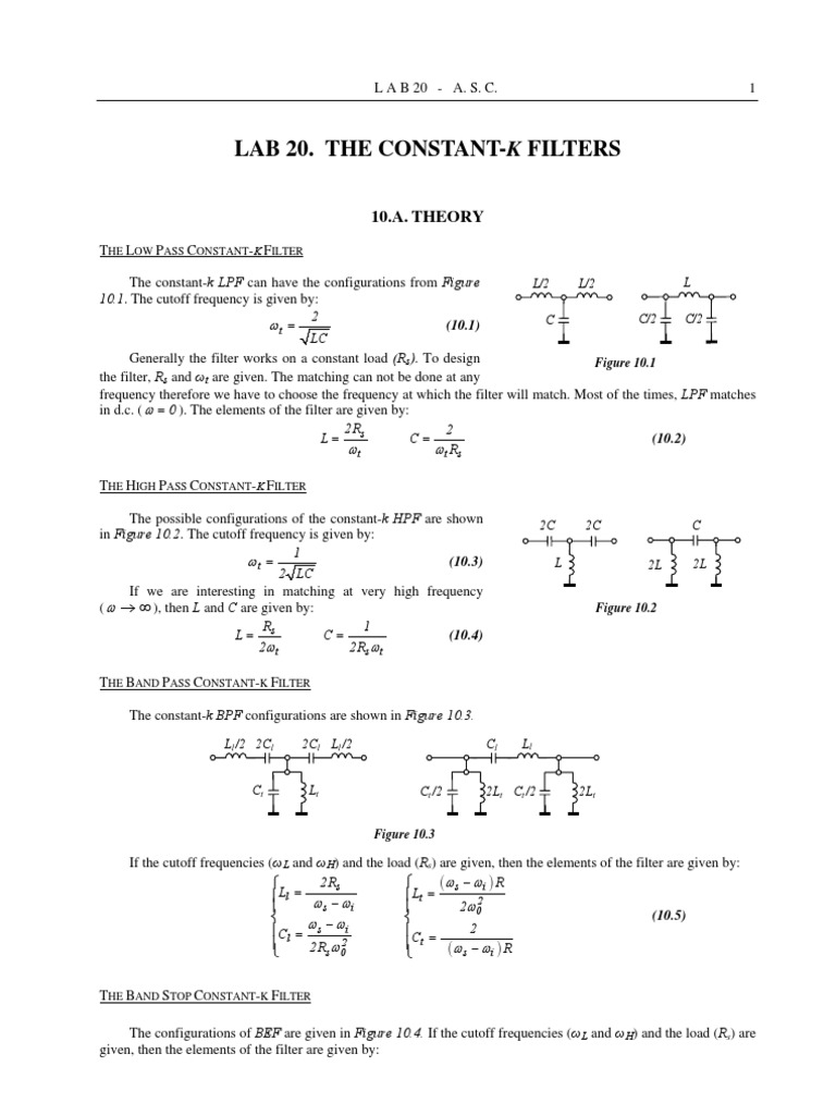 Lab 20. The Constant-K Filters: 10.A. THEORY | PDF | Filter (Signal ...