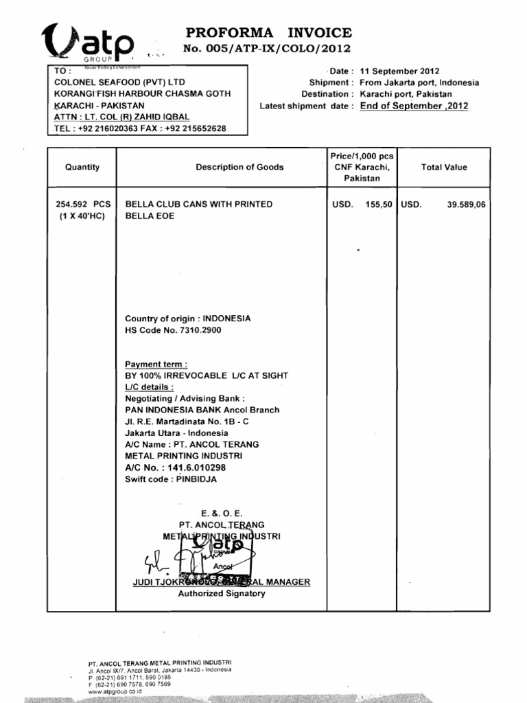 Contoh Proforma Invoice untuk Ekspor | PDF | Accounting