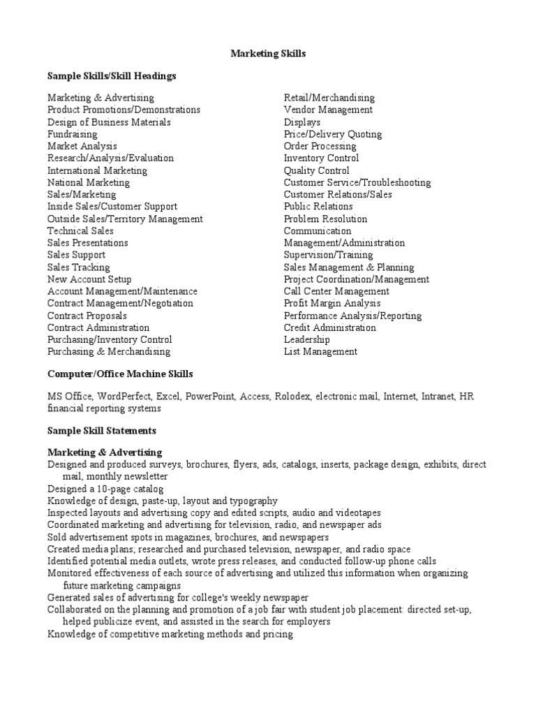 Marketing Skills Sample Skills/Skill Headings | PDF | Sales | Marketing
