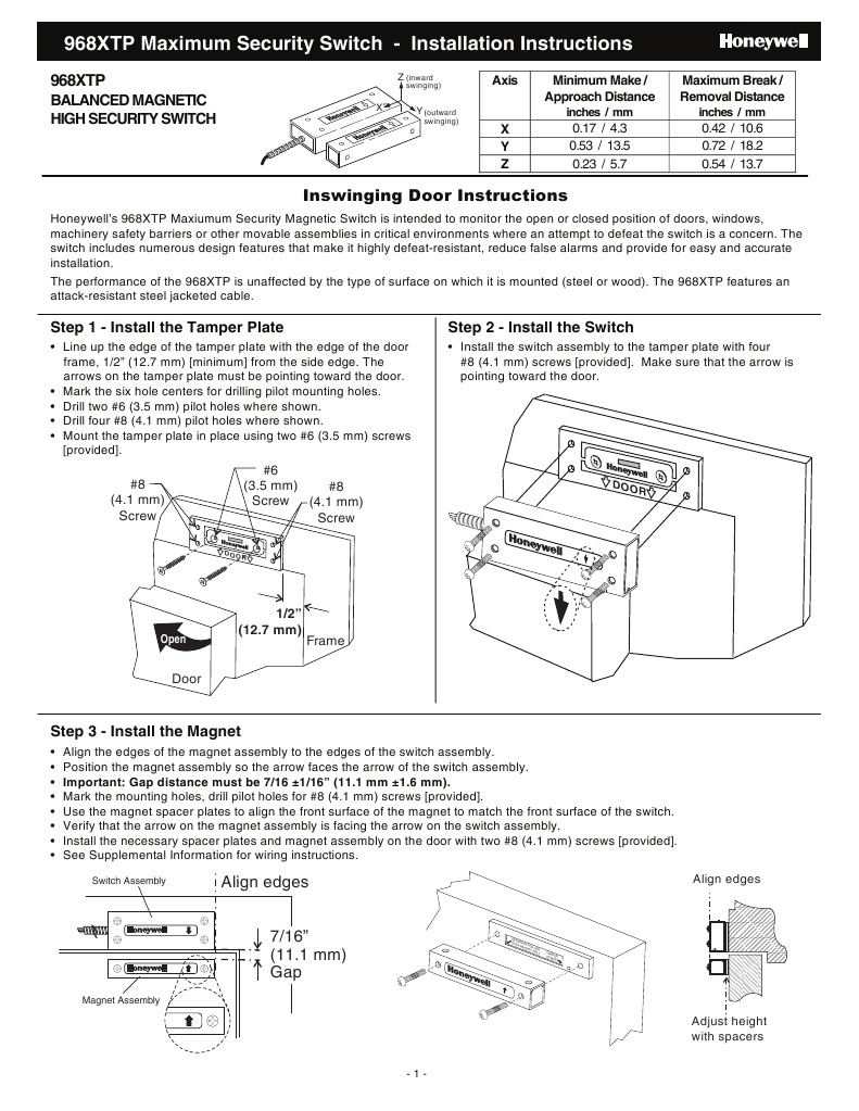 Honeywell 968xtp Install Guide | PDF | Security Alarm | Switch