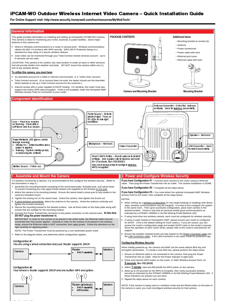 Honeywell Ipcam Wo Quick Install Guide | PDF | Wireless Access Point | Security Alarm