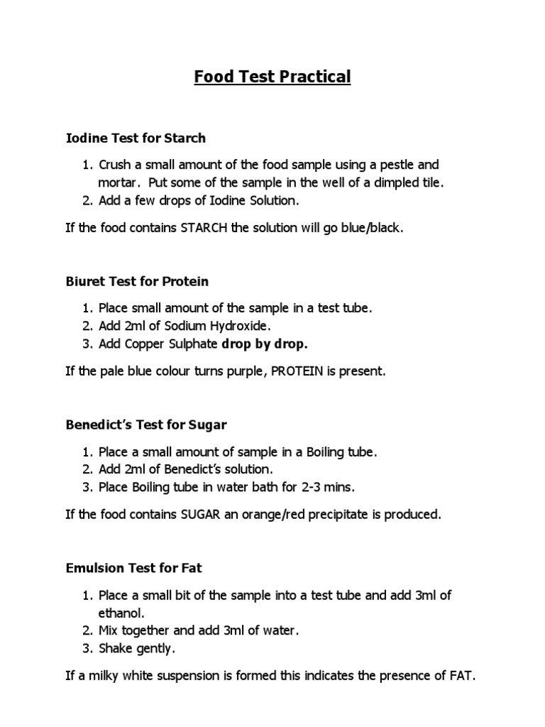 Food Test Practical Sheet | PDF | Chemical Substances | Chemical Compounds