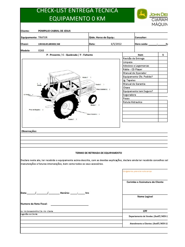 Check List - Entrega Equip Novo | PDF | Trator | Engenharia Mecânica