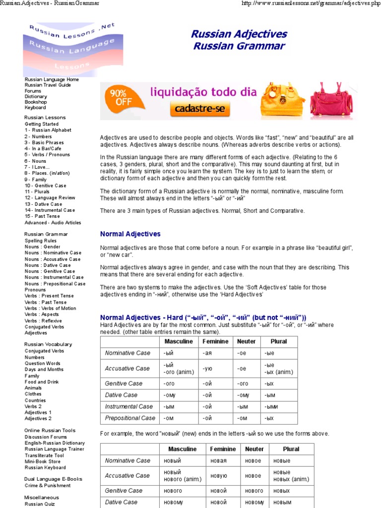 Russian Adjectives - Russian Grammar | PDF | Grammatical Gender | Verb