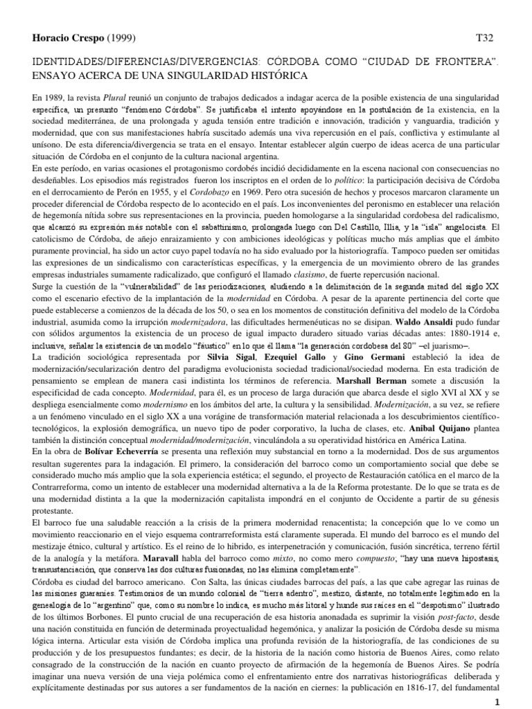 Resumen - Horacio Crespo (1999) "Identidades/diferencias/divergencias: Córdoba como "ciudad de ...