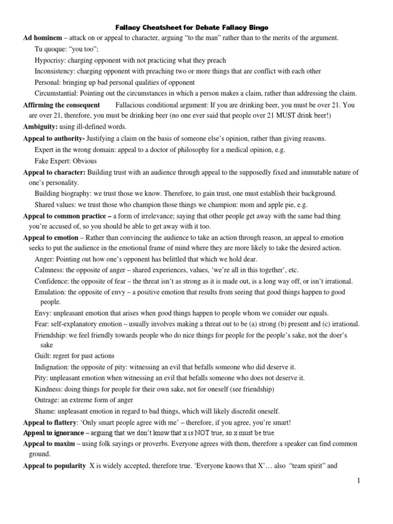 Fallacy Cheatsheet For Debate Fallacy Bingo | PDF | Argument | Fallacy