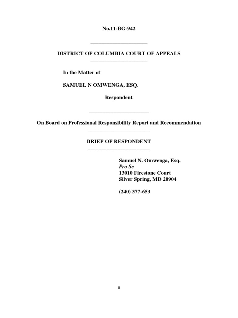 Brief in in Re Samuel N. Omwenga, Esq. | PDF | Brief (Law) | Testimony