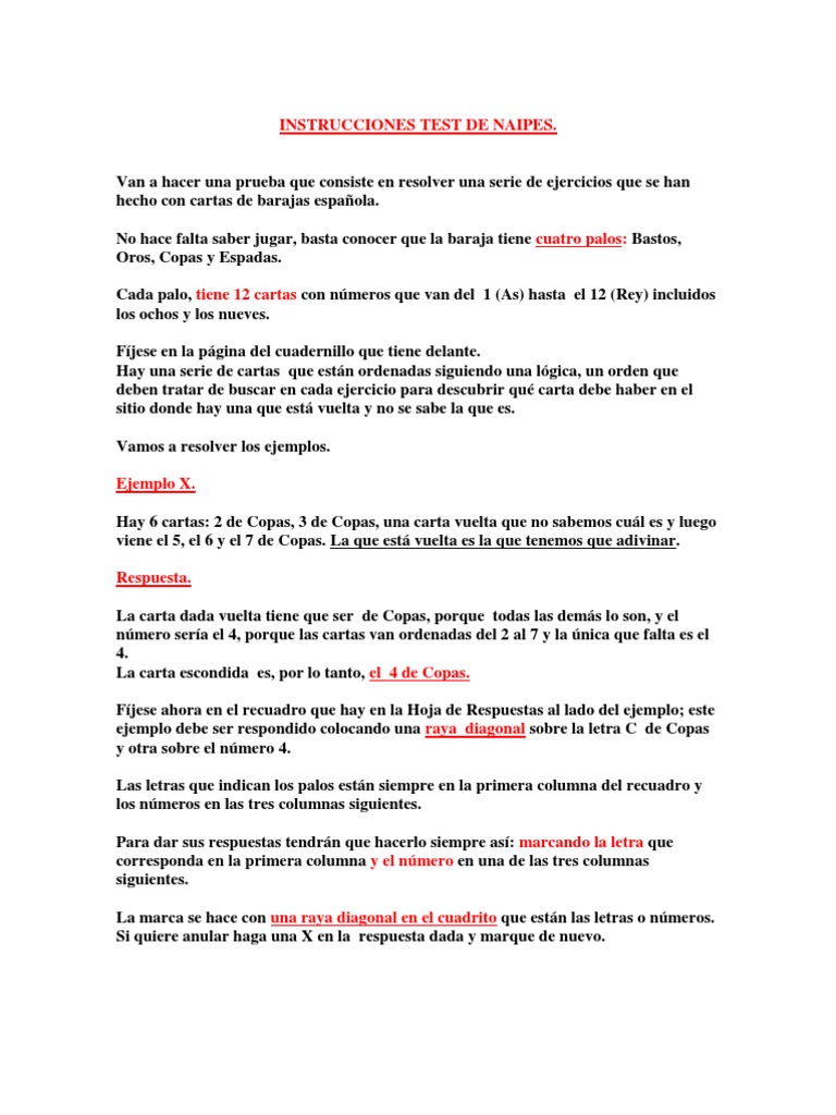 Instrucciones Test de Naipes | PDF | Jugando a las cartas | Juego de azar