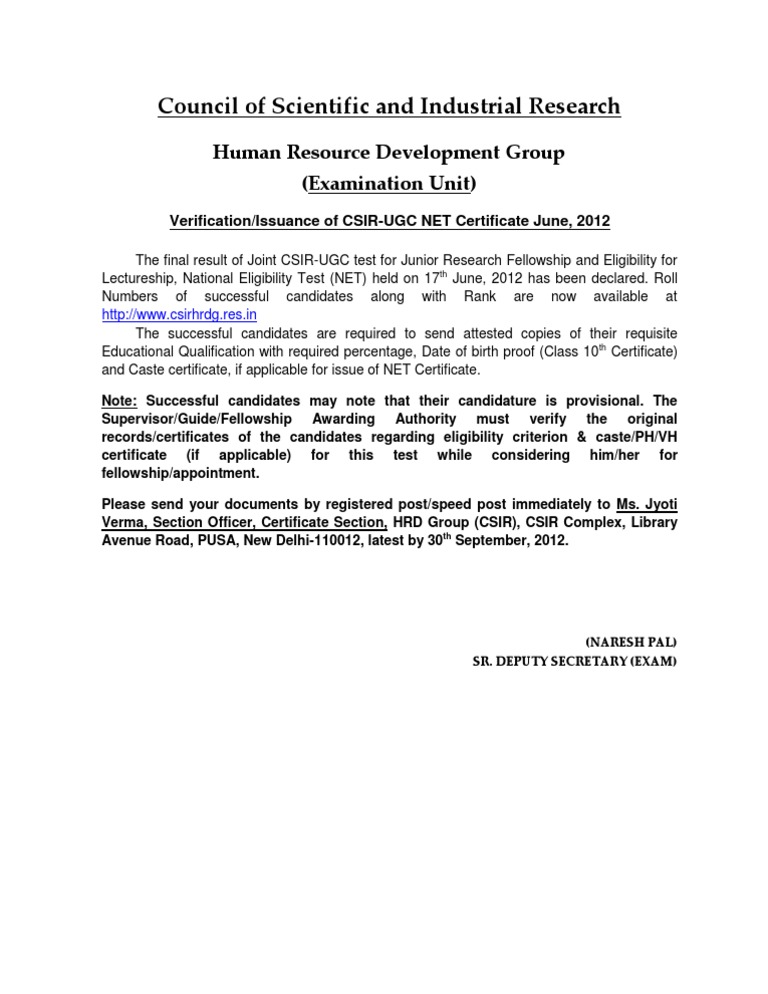 CSIR-UGC NET Certificate Issuance 2012 | PDF | Qualifications ...