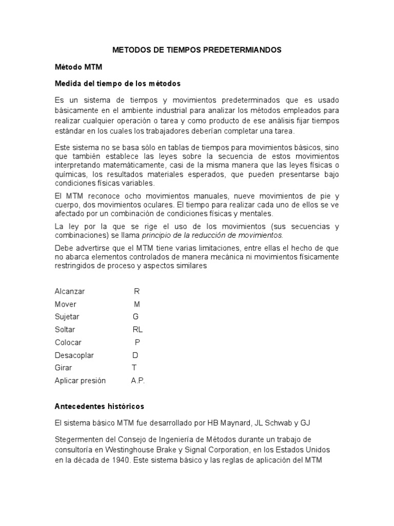 Métodos De Tiempos Predeterminados Un Análisis Del Sistema Mtm