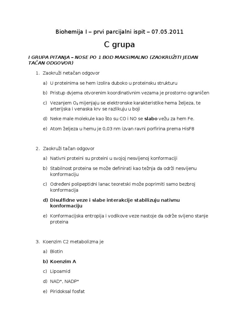Biohemija I - Prvi Parcijalni 07.05.2011 | PDF