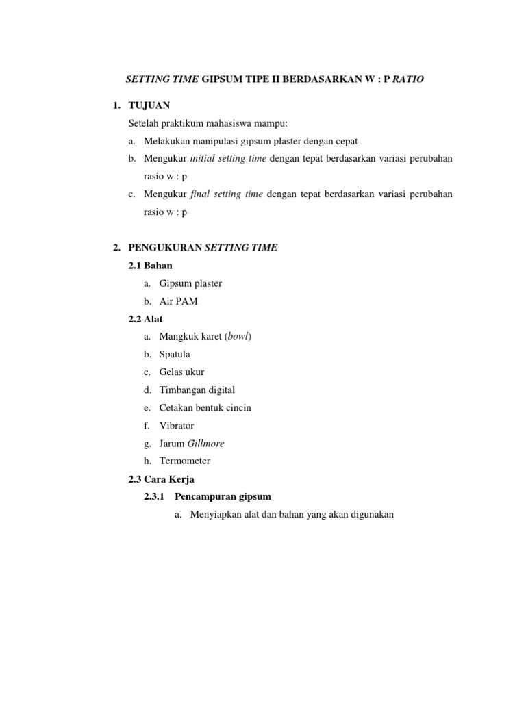 Setting Time Gipsum Tipe II Berdasarkan WP Ratio | PDF
