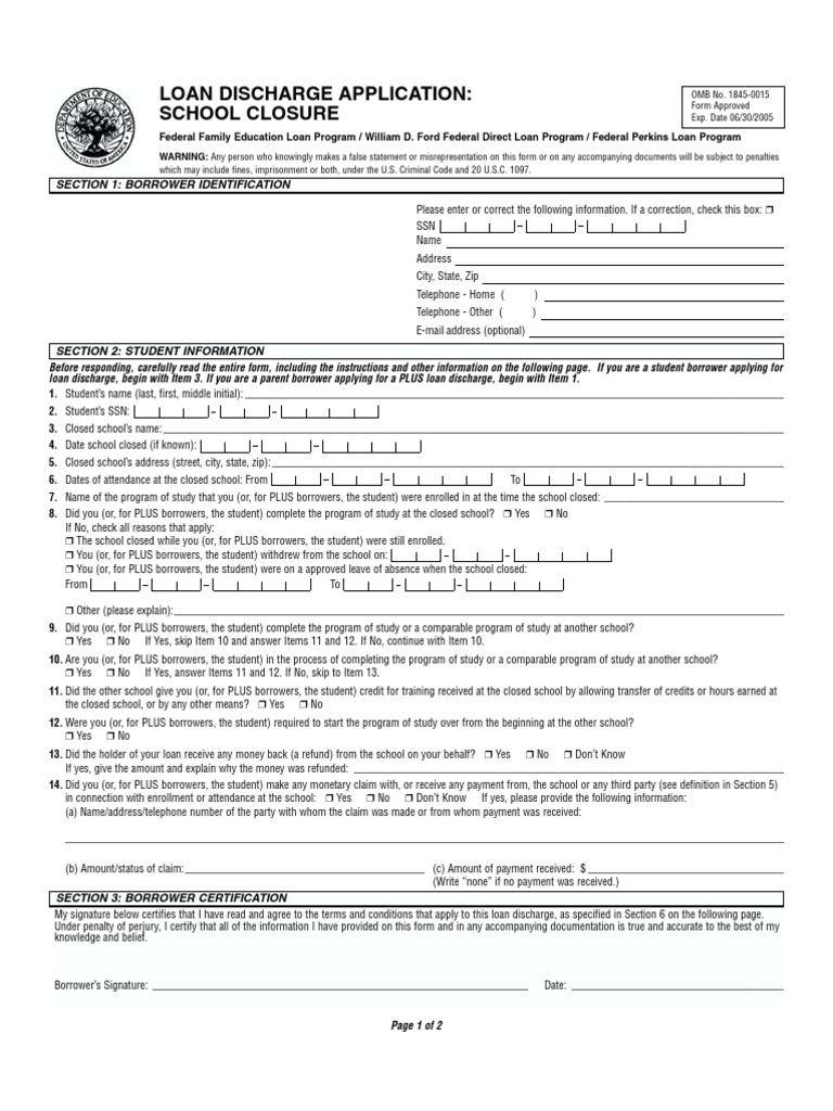 Loan Discharge Application for School Closure | PDF | Student Loan | Loans