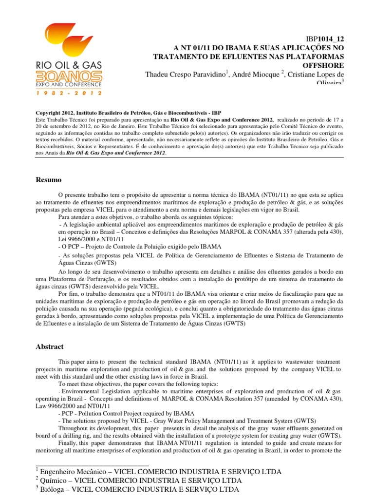 A NT 01/11 Do Ibama e Suas Aplicações Notratamento de Efluentes Nas ...