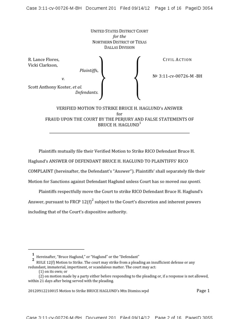 Doc. 201 - Plantiffs Motion To Strike Bruce H. Haglund's Answer | PDF ...
