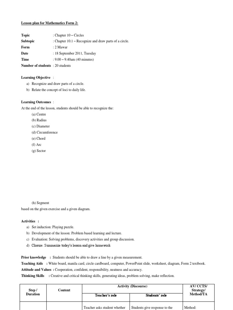 Circles - Lesson Plan | PDF | Lesson Plan | Educational Psychology