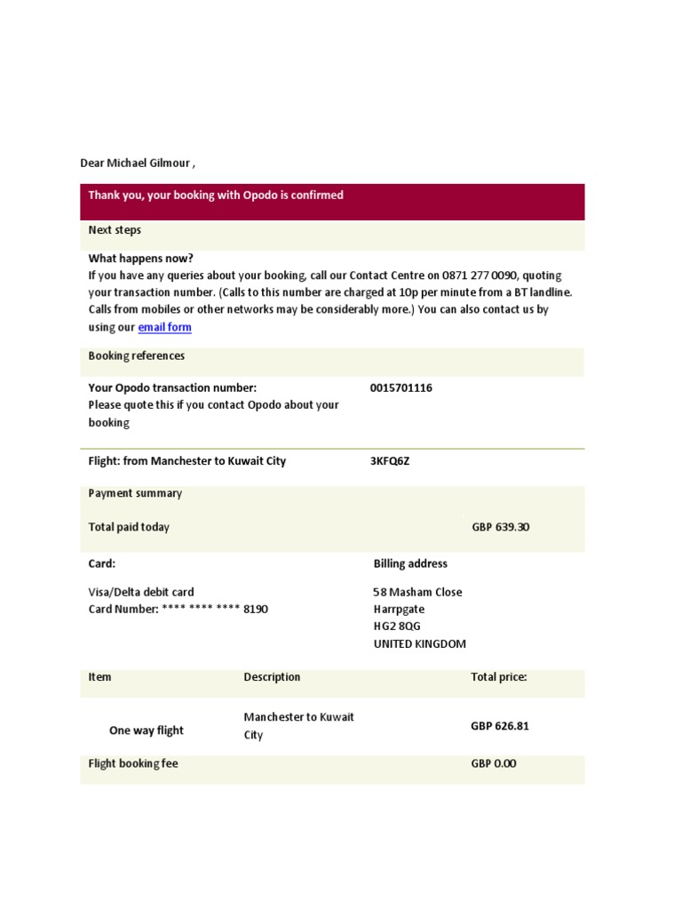 Michael Gilmour Flight Receipt | PDF