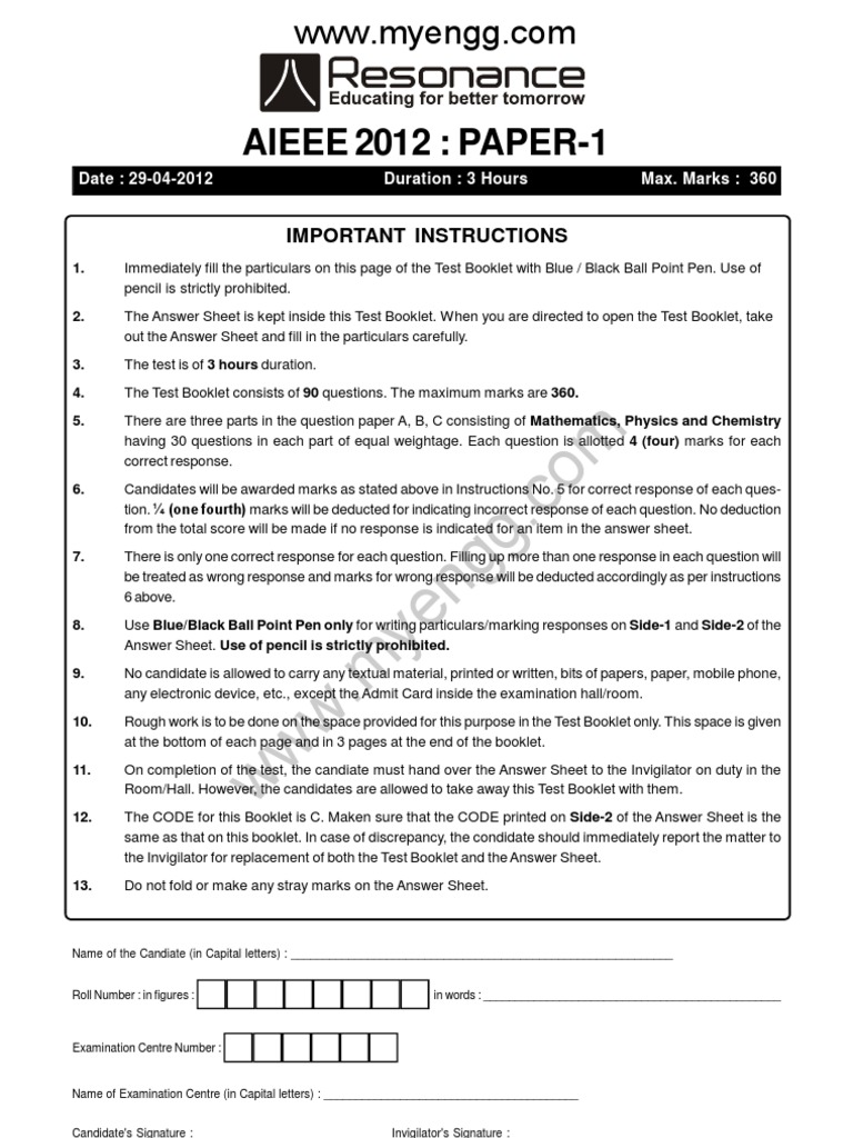 AIEEE 2012 Question Paper With Answer Keys and Solutions | PDF | Iron | Physics