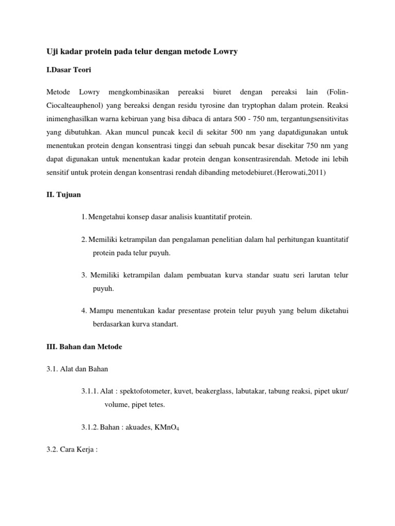 Uji Kadar Protein Pada Telur Dengan Metode Lowry | PDF