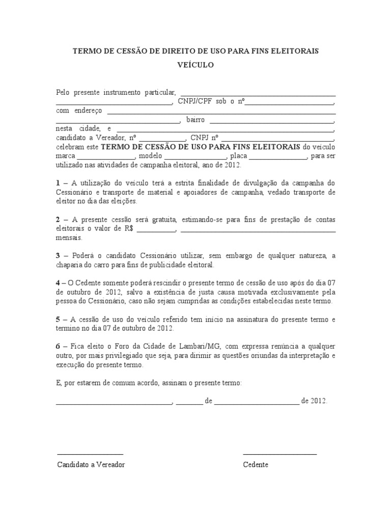 Modelo Termo De Cessão De Veículo Pdf