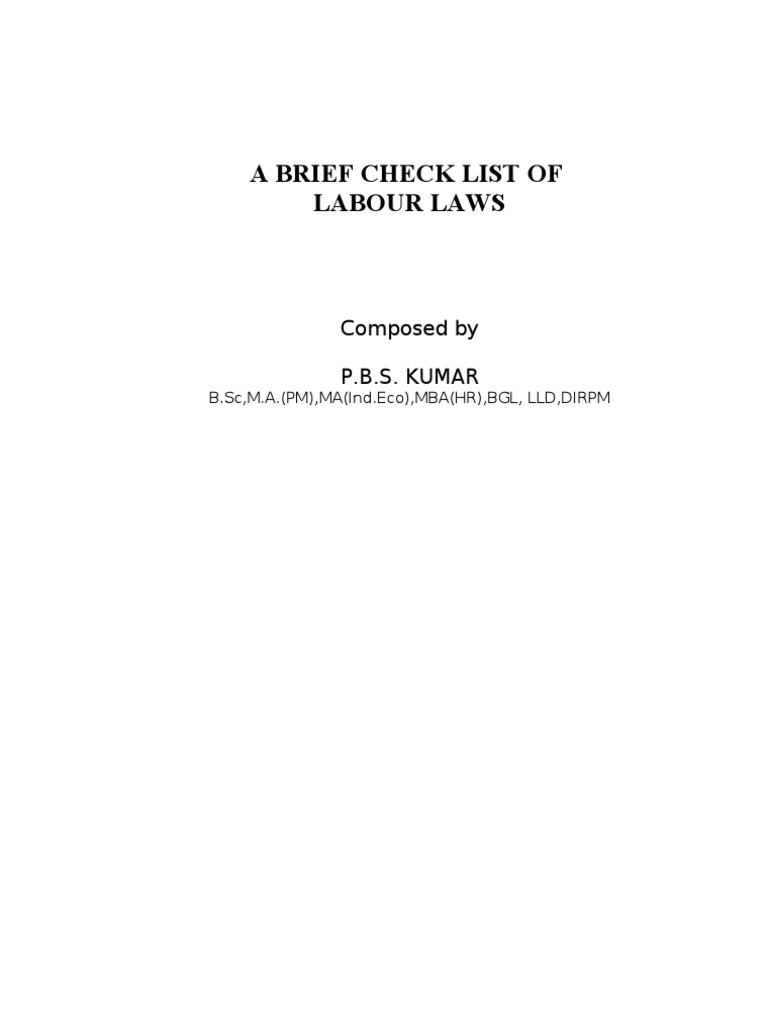 A Brief Check List of Labour Laws: Composed by P.B.S. Kumar | PDF ...