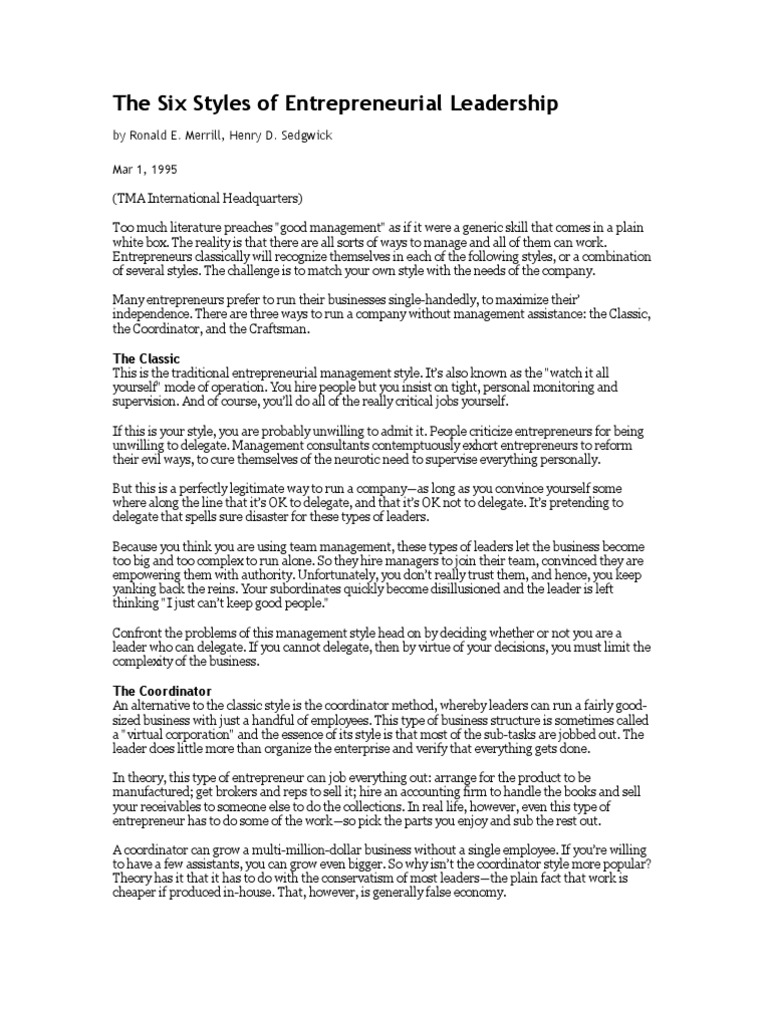 The Six Styles of Entrepreneurial Leadership | PDF | Entrepreneurship ...