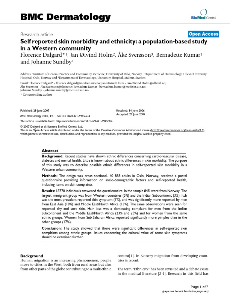 BMC Dermatology: Self Reported Skin Morbidity and Ethnicity: A ...